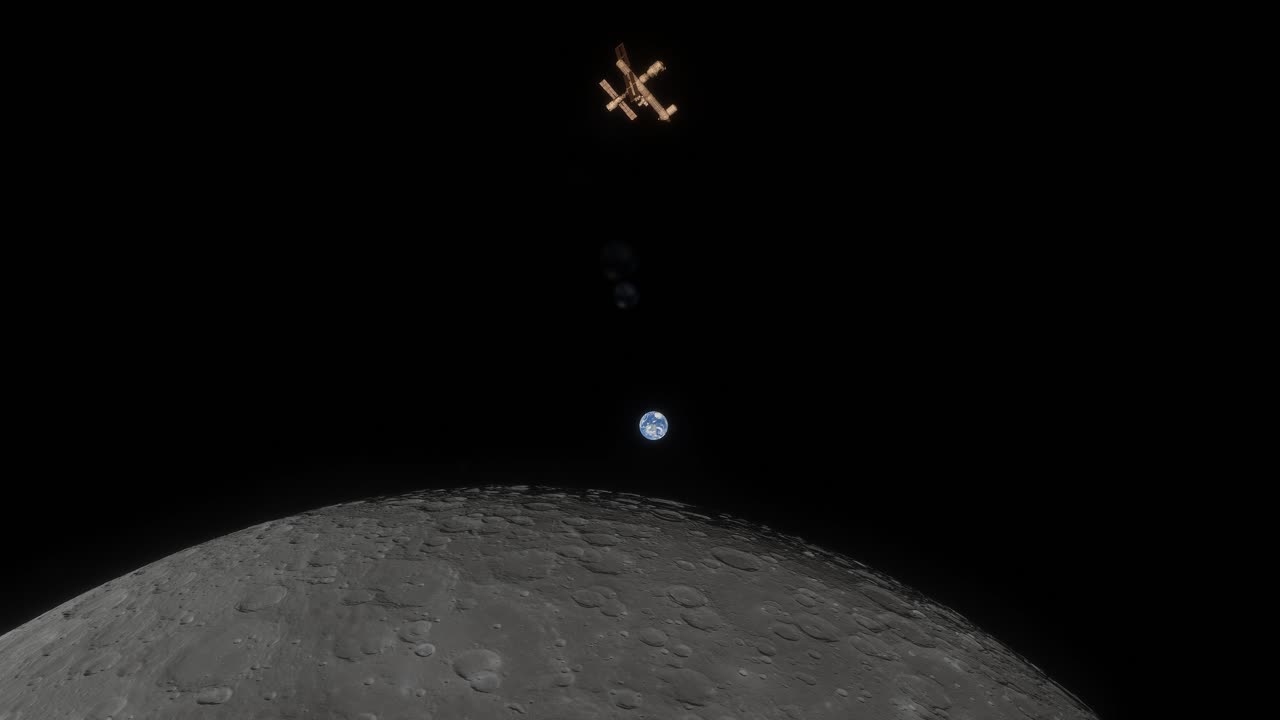 A space station seen orbiting around the moon with the earth far in the distant background ...