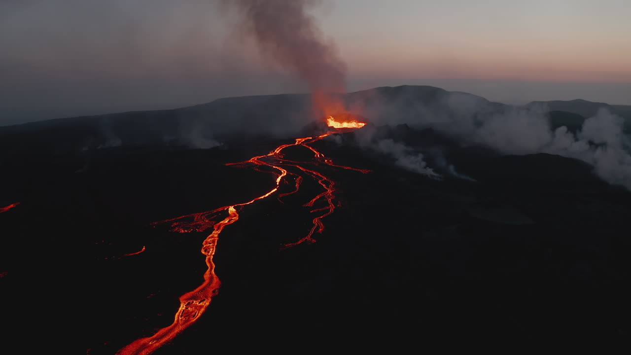 Panoramic View Of Active Volcano. Hot Lava Streams Transporting Molten ...