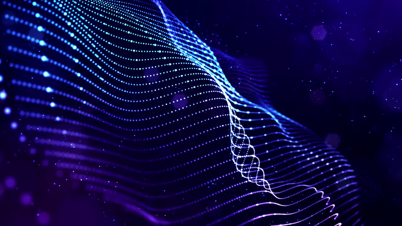 4k looped sci-fi particle background with bokeh and light effects. glow blue particles form ...