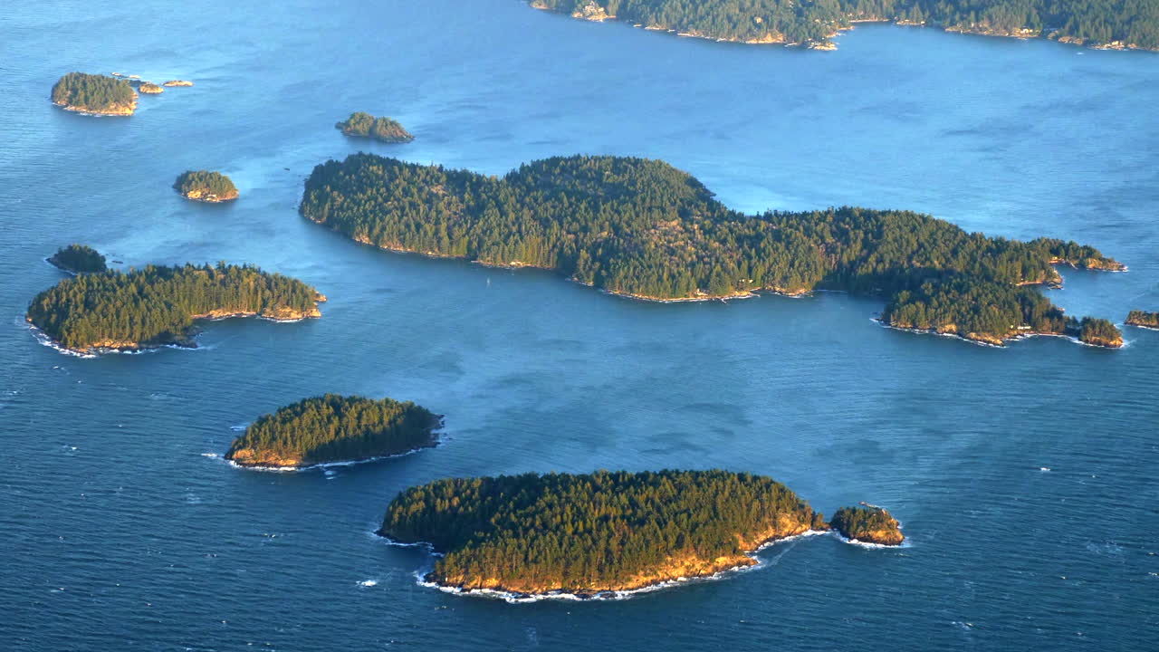 Small pine tree forested islands in the ocean, aerial view golden hour ...
