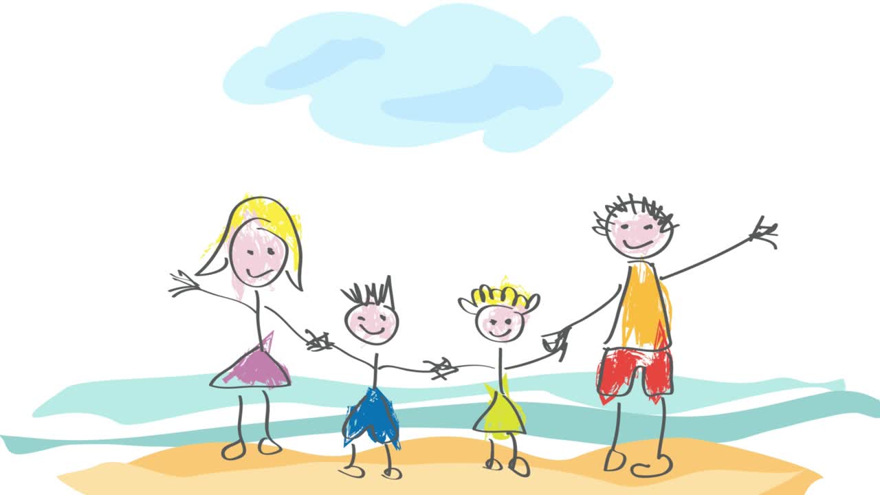 Animated drawing made by a child, happy family greeting from a beach on ...