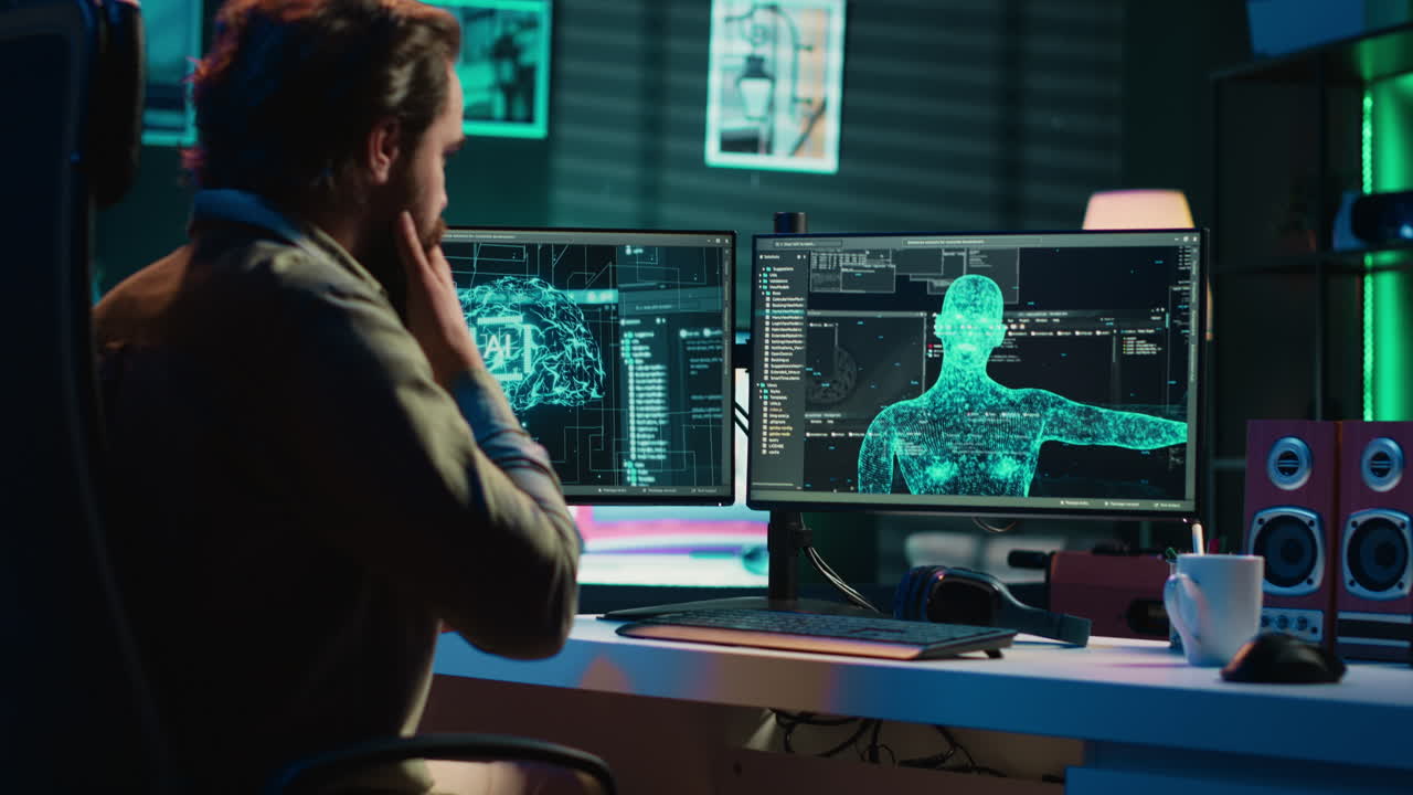 Premium stock video - Computer engineer surprised by sentient artificial intelligence greeting him