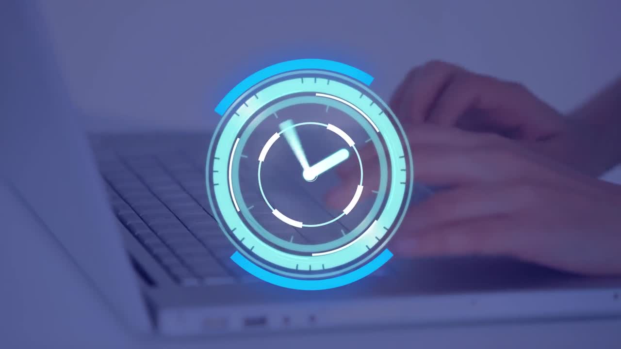 Animation of scope scanning with clock over person using laptop Premium Stock Video Footage