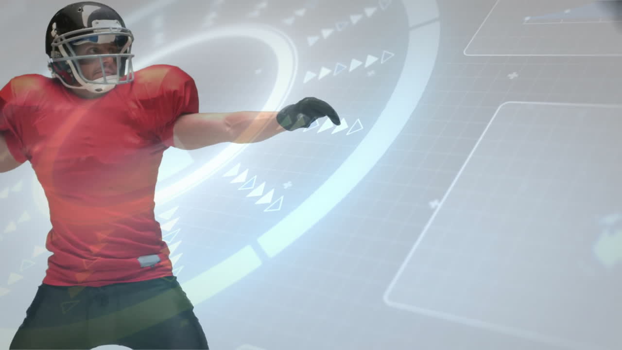 Quarterback launching football indoors, showing sports tech HUD with ...