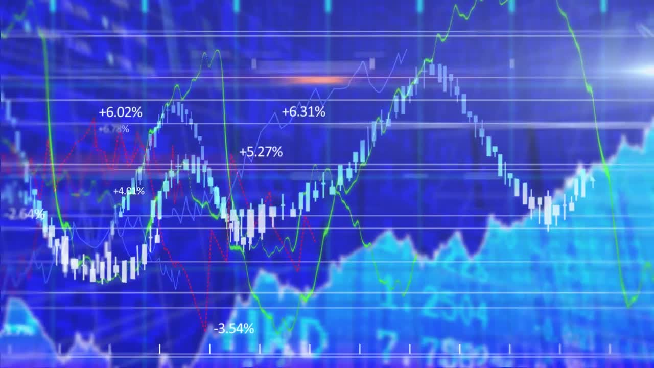 Animation of stock with green and blue stock market numbers and graphs ...
