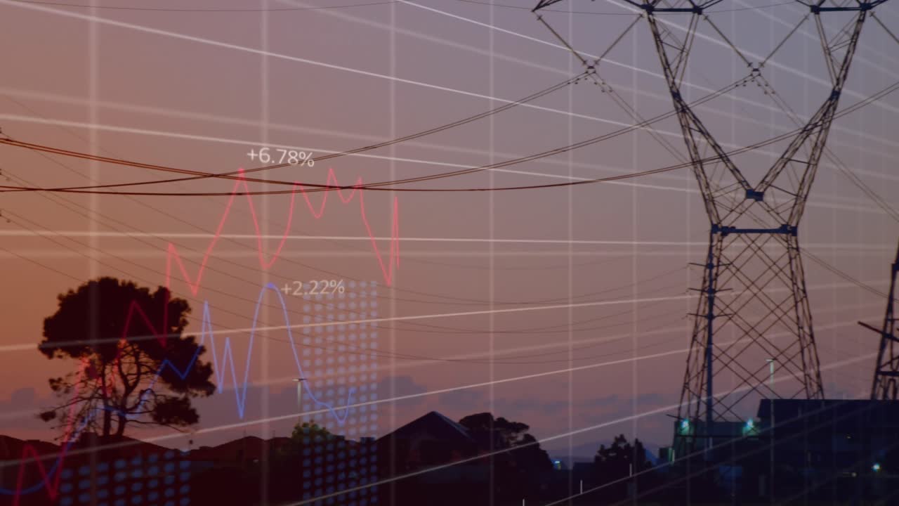 Premium stock video - Animation of data processing over pylons