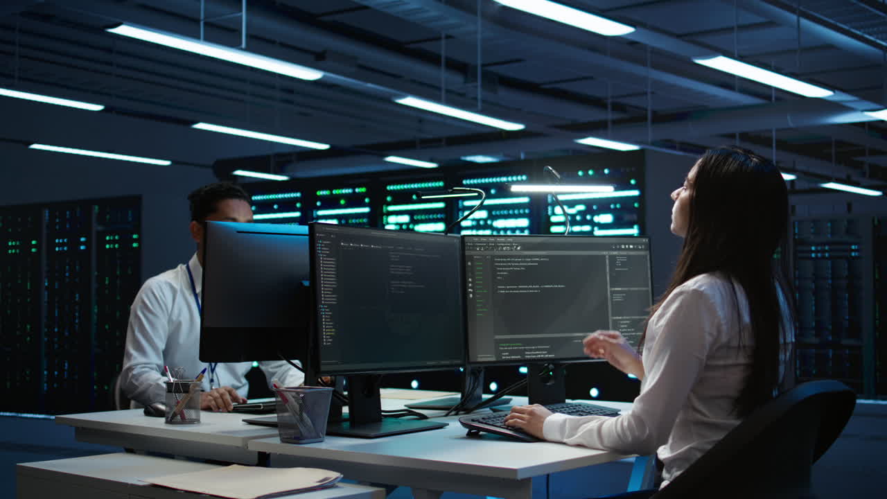 Premium Stock Video Engineer Using Augmented Reality Tech In Data Center Installing Software