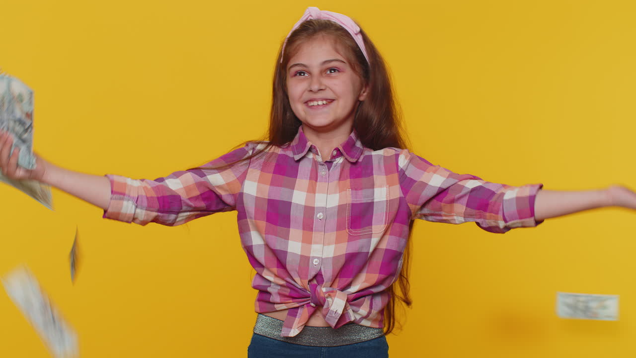Money Cash Dollar Rain Falling On Child Girl Kid Celebrating Success ...
