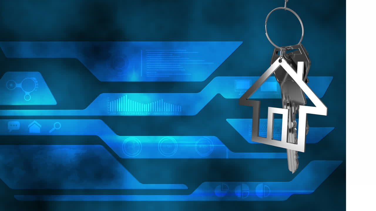 Animation of silver house key fob and key over blue computer circuit ...