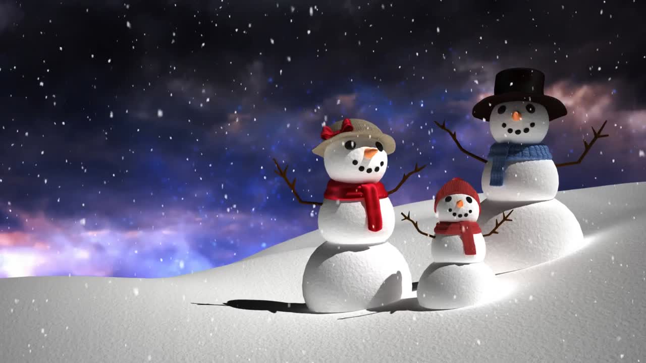 Premium stock video - Animation of winter scenery with three happy snowmen