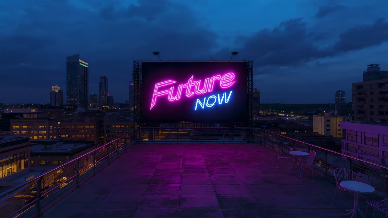 Dusk falling causing neon billboard Future NOW casting magenta glow on ...