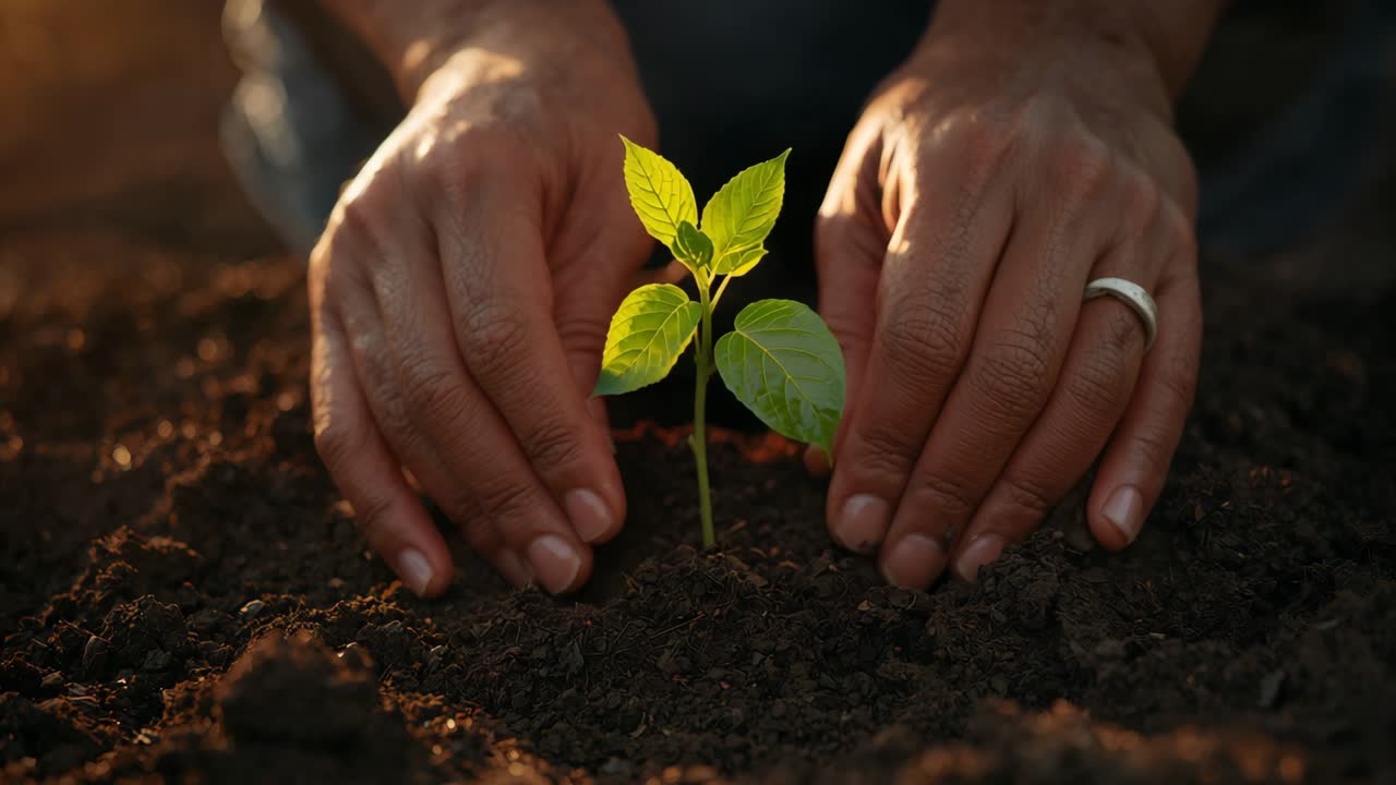 Streaming warm sunlight onto seedling, man pressing and smoothing soil ...