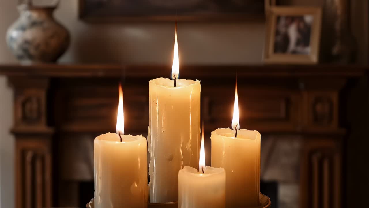Opening frame showing five pillar candles flickering on wooden mantel ...