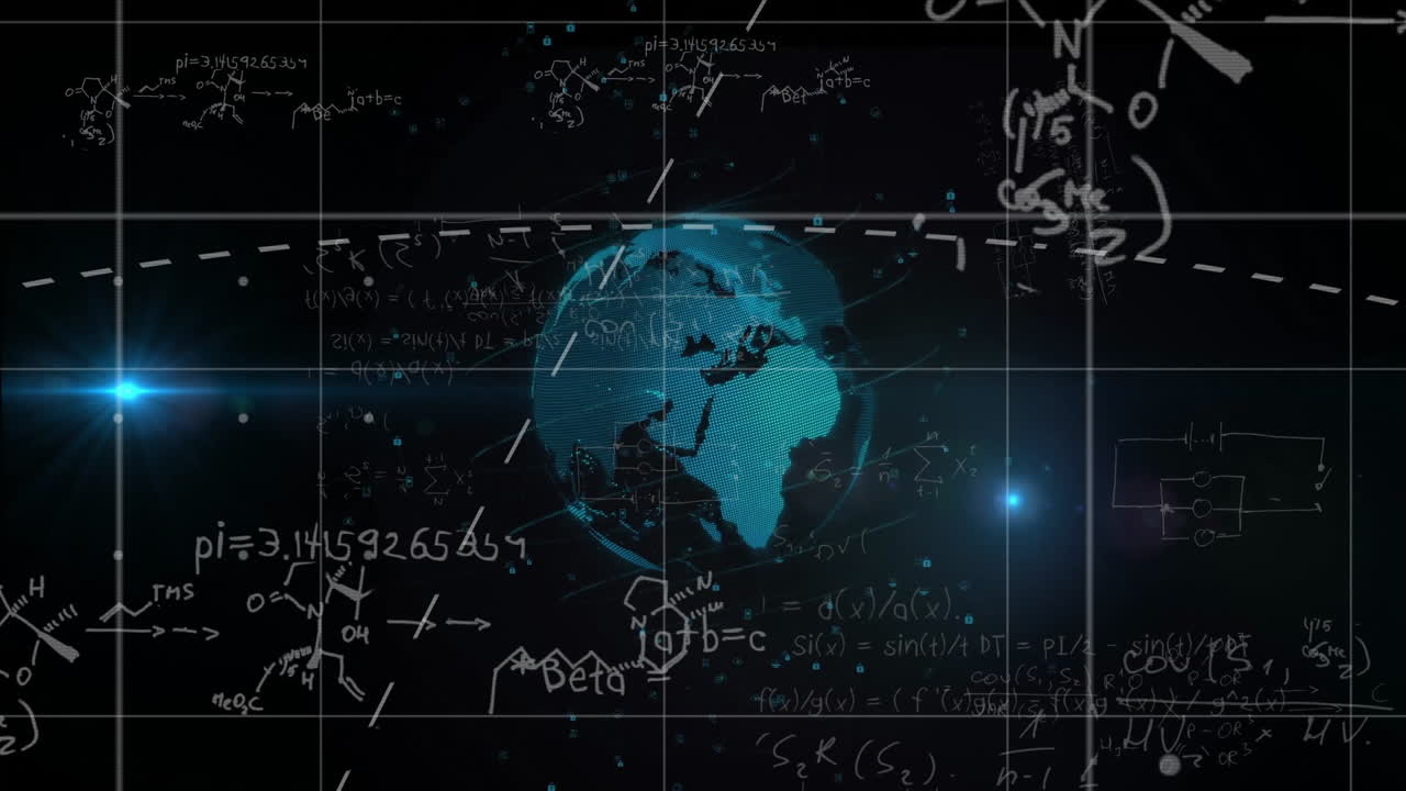 mathematical equations and scientific formulas over rotating earth ...