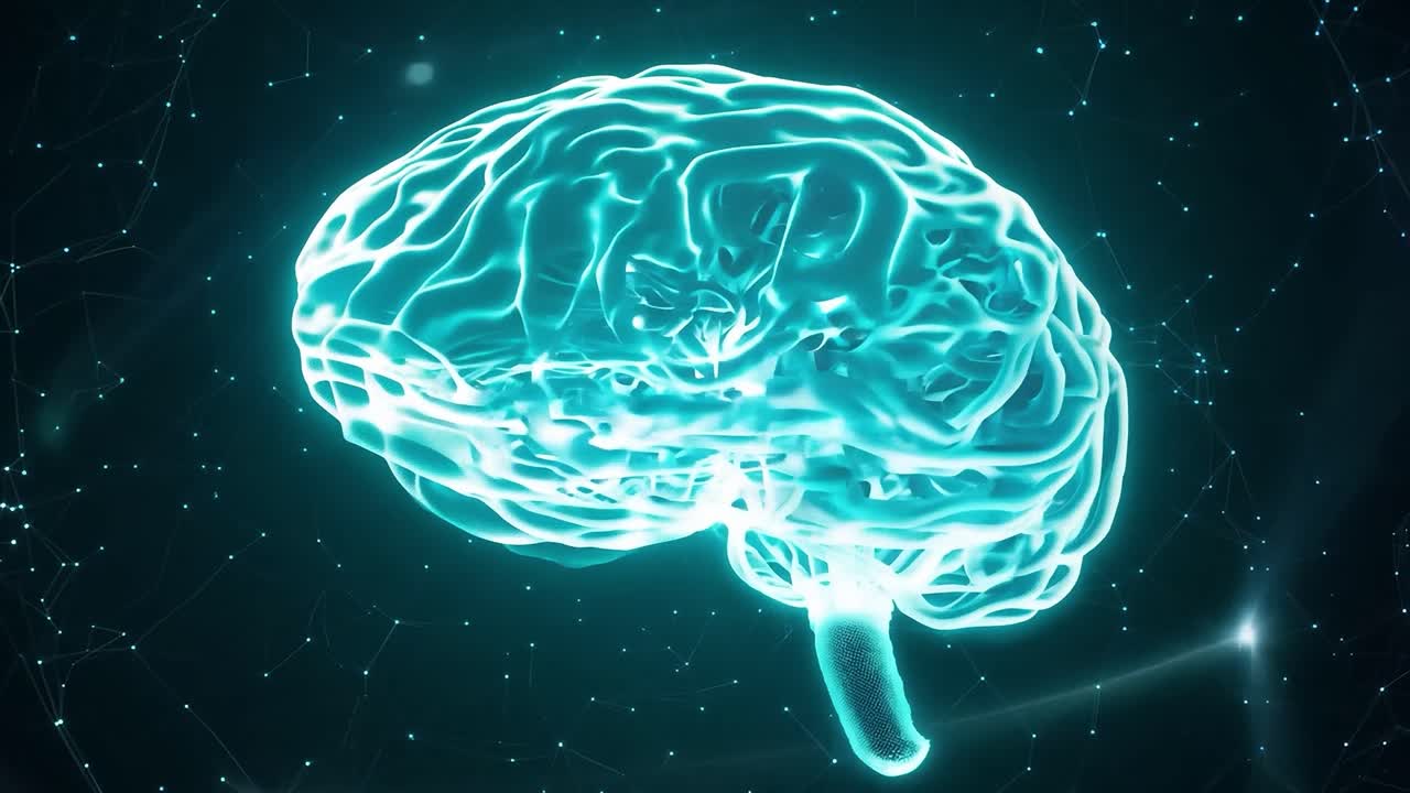 Turquoise glowing human brain rotates against a black background ...