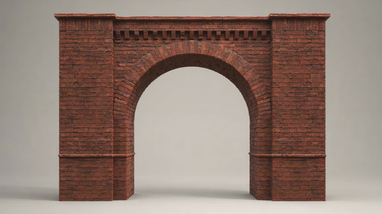 Moving camera slowly closing in on freestanding red-brick arch in ...