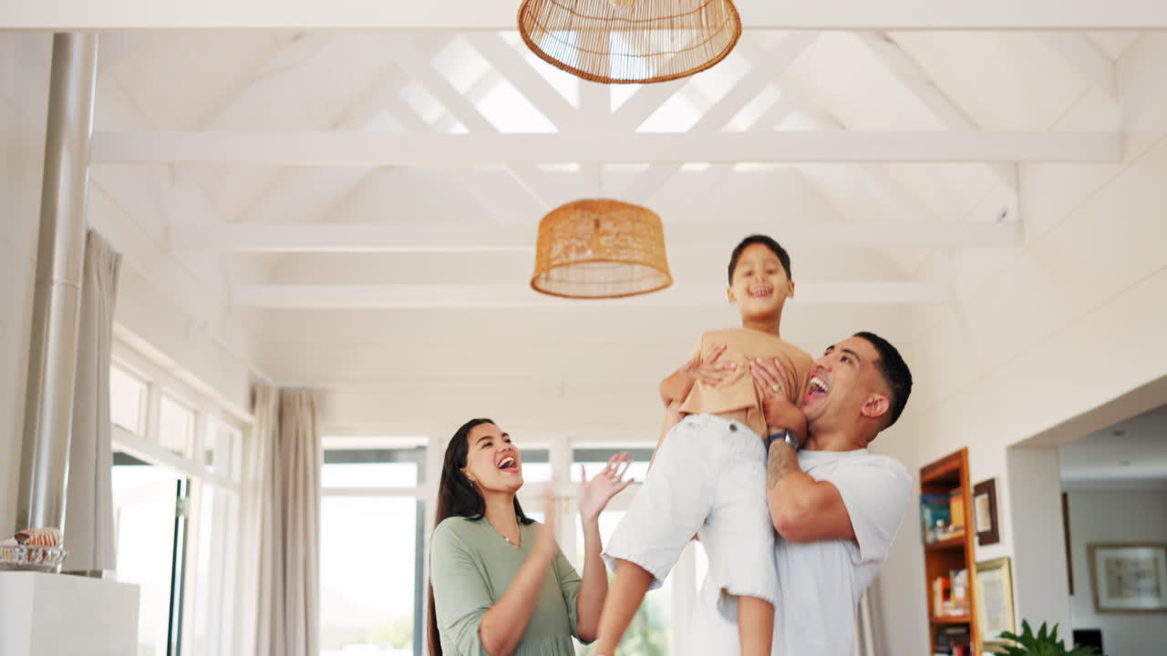 Premium stock video - Family, applause and celebration of child in home