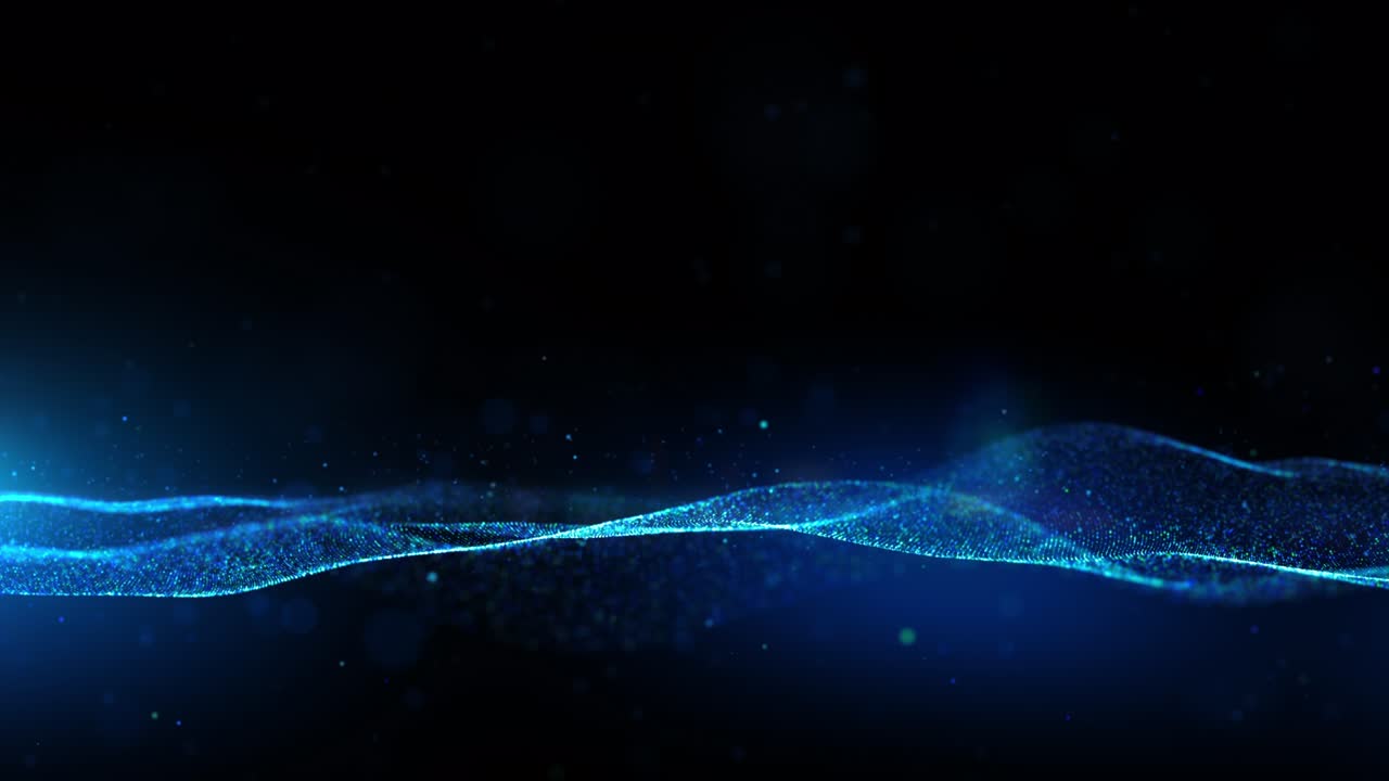 Abstract blue color digital particles wave flow with bokeh and lighting ...