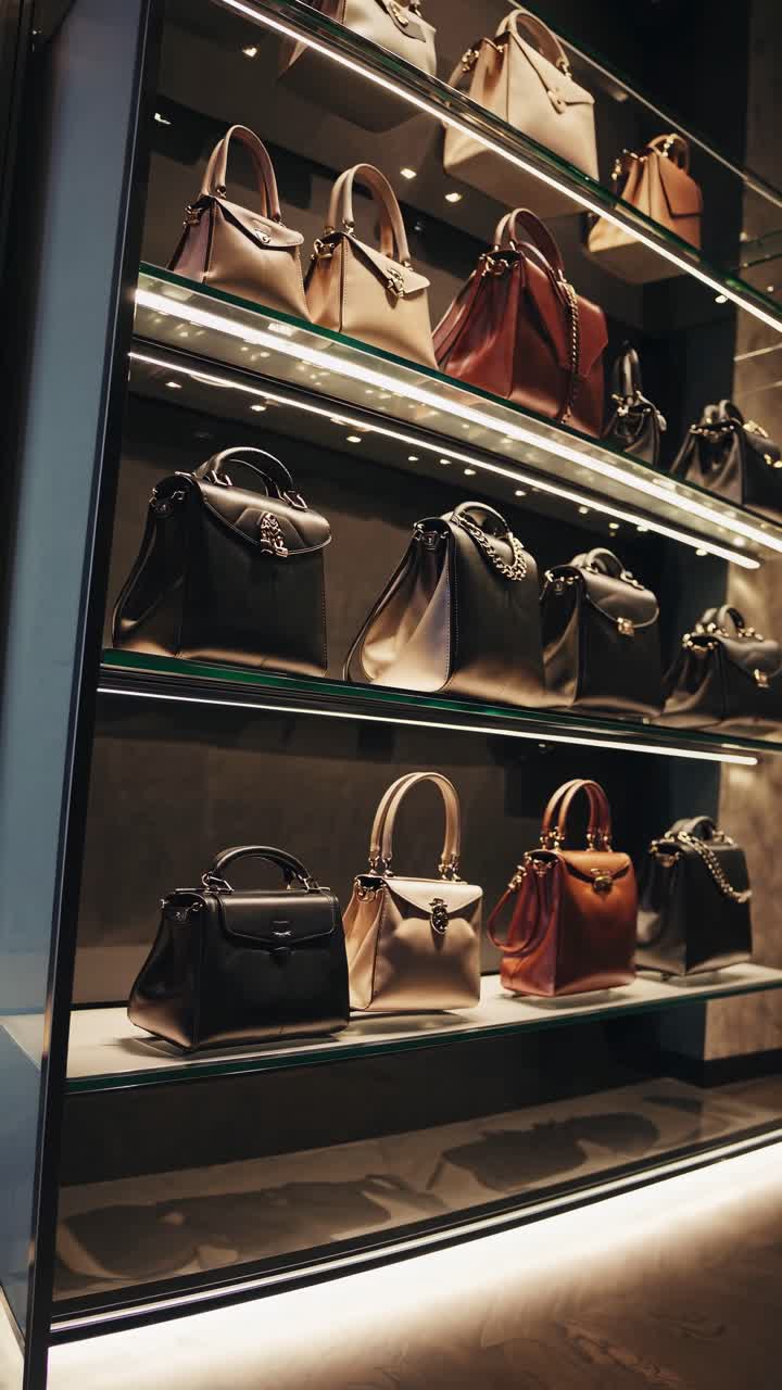 Low-angle shot of luxury handbags in a sleek, illuminated display case ...