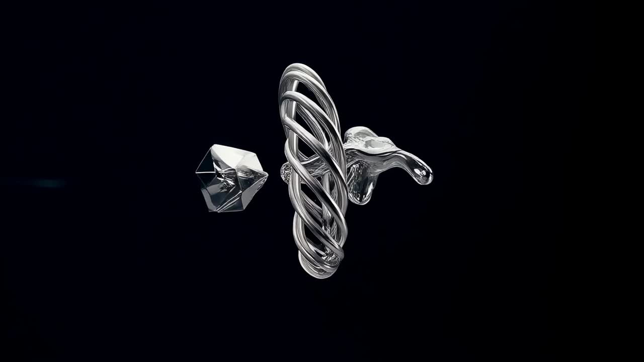 Releasing, metal trio rotating on black, braided torus threading ...