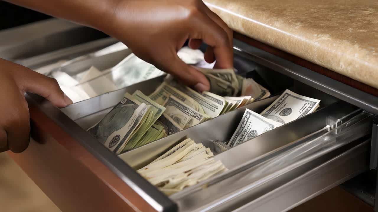 A close-up of hands organizing cash in a drawer, revealing stacks of ...