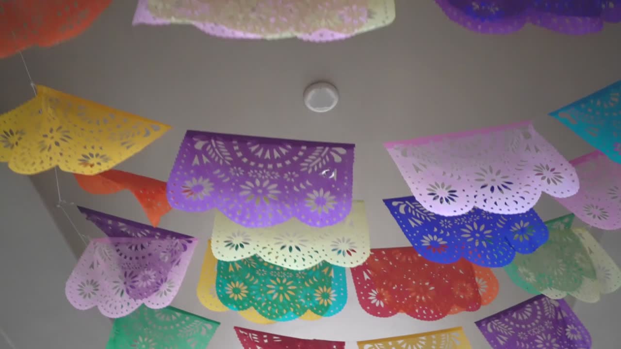 Mexican Fiesta Papel Picado Garland Hanging From A Ceiling As Colorful ...