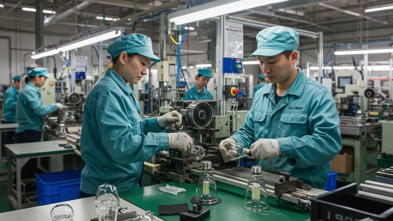 Workers in a Modern Manufacturing Facility Collaborate on Glass Bottle ...
