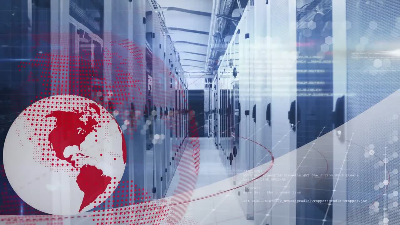 Animation Of Globes And Computer Language With Lens Flares Over Server ...
