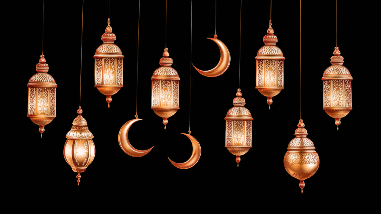 Elegant lanterns with crescents animated overlay, transparent 4K video ...