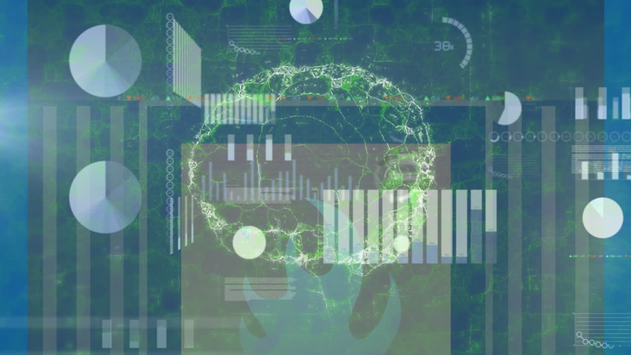 Animation of human brain, firewall, statistics and data processing ...