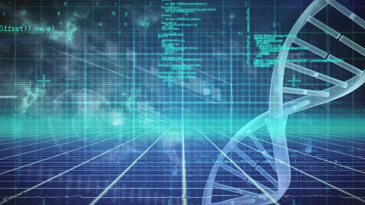 Animation Of Dna Structures Spinning Over Grid Network Against ...