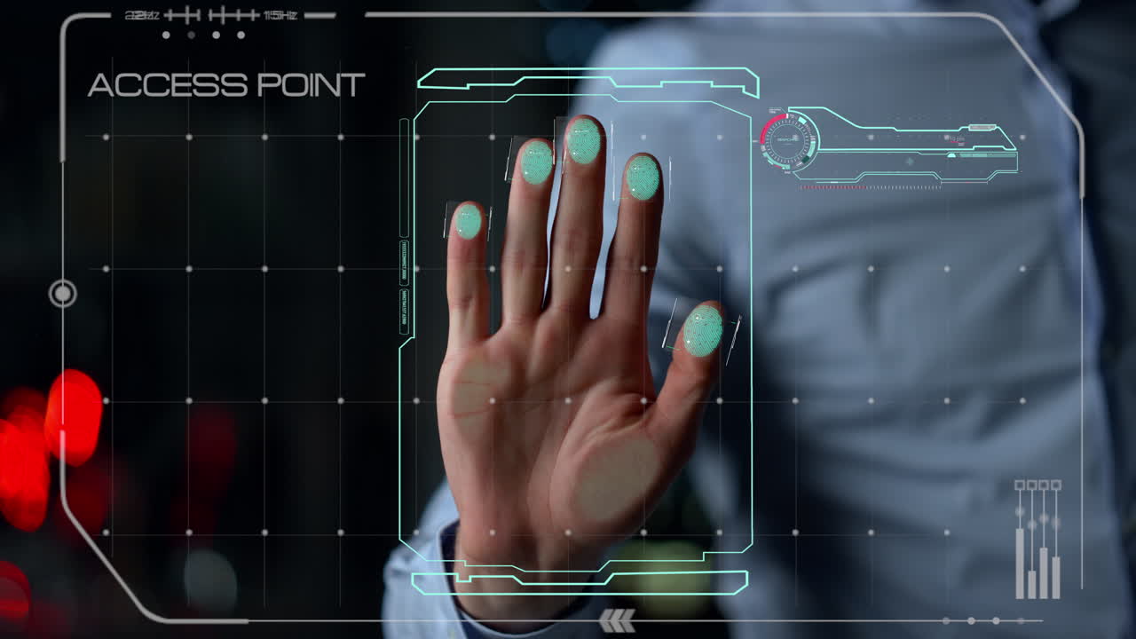 Premium Stock Video Biometric Hand Scan Process Allow User Access Identifying Personality Close Up