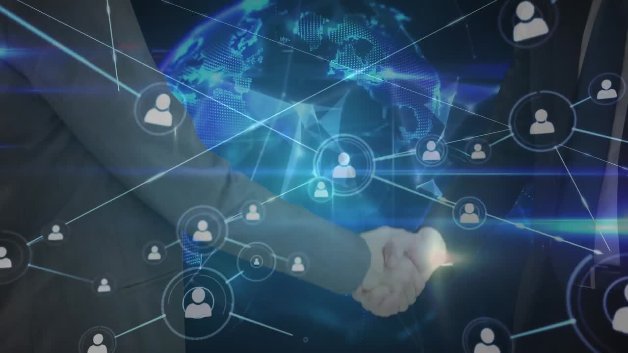 Network of connections over two businessman shaking hands against globe of plexus networks ...