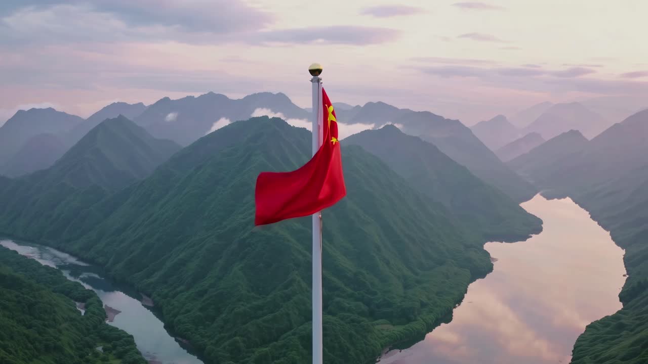 Aerial video captures a Chinese flag waving against a backdrop of lush ...