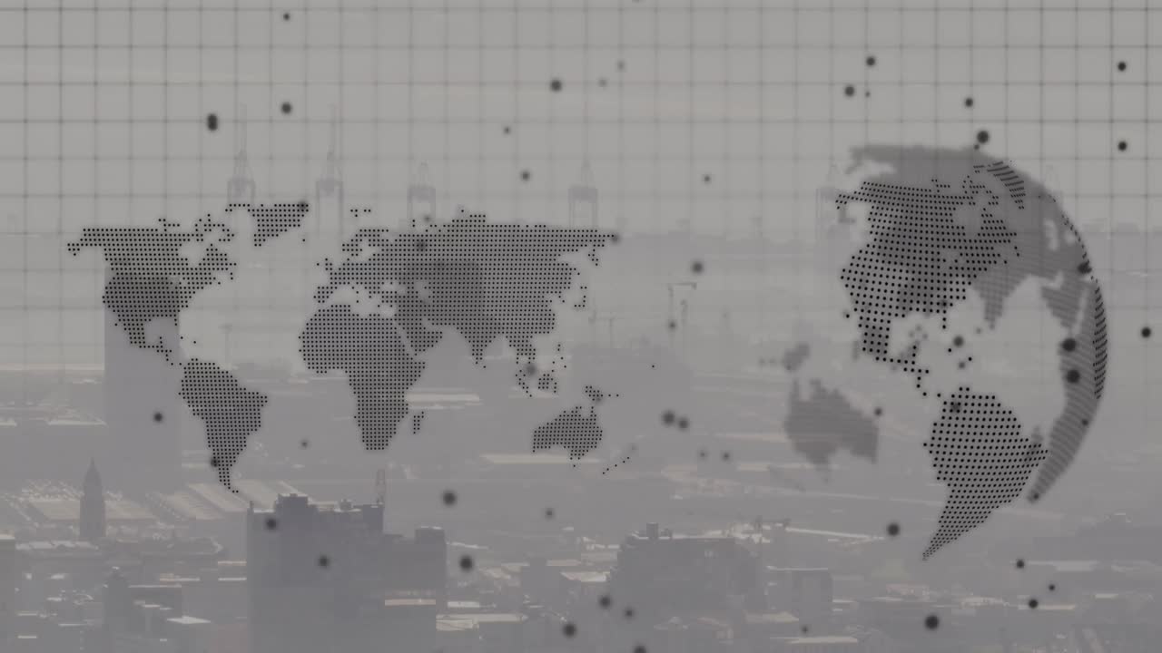 Animation of world map and spinning globe against aerial view of ...