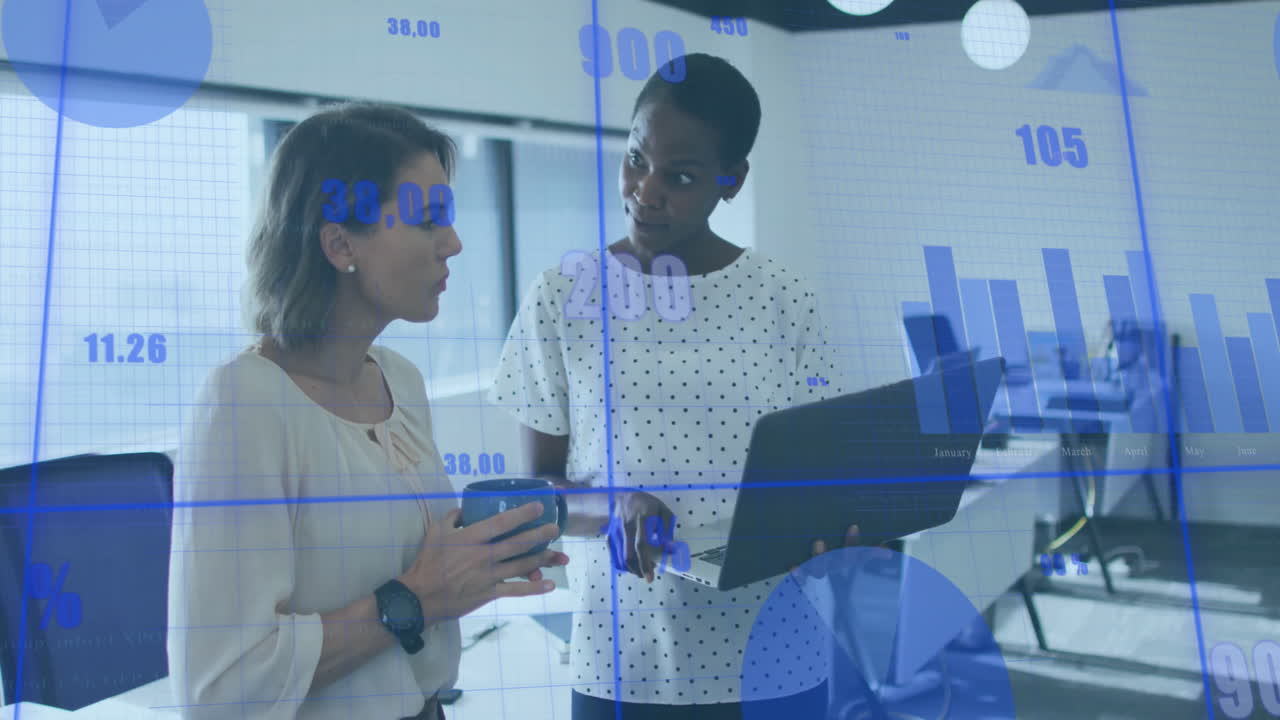 Business data analysis animation over two women discussing in office Premium Stock Video Footage