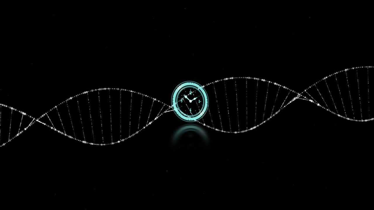 animation of illuminated clock over dots forming dna helix against ...