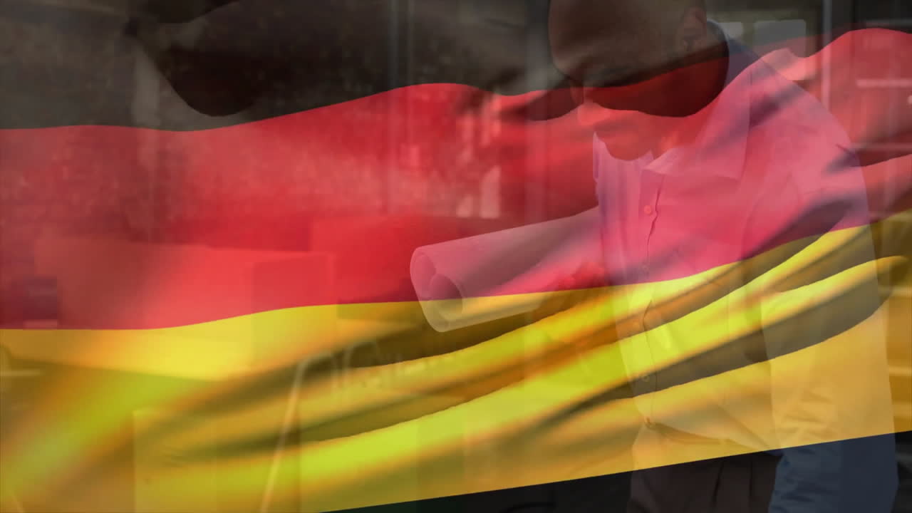 Animation Of Flag Of Germany Over Biracial Engineer Looking At Floor ...