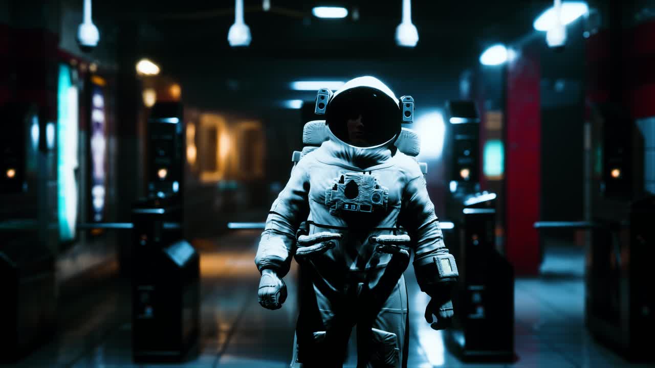 Premium stock video - Astronaut at underground metro subway
