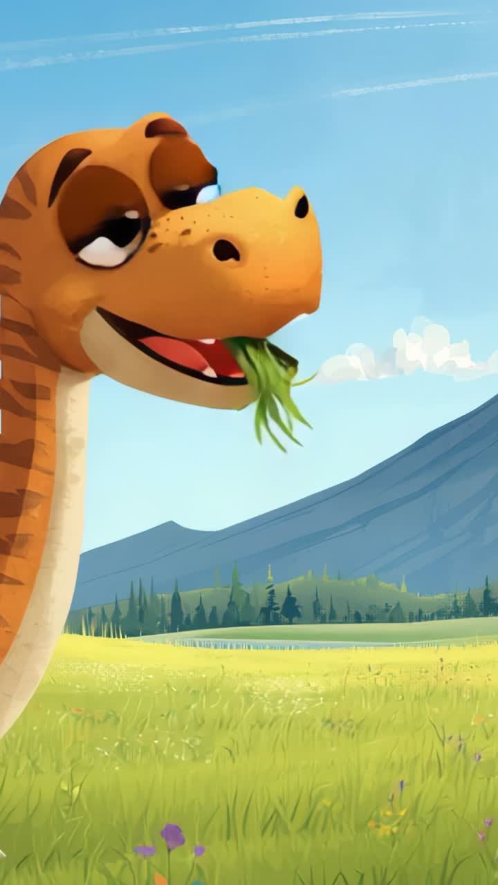 Vertical video: Sunlight urging cartoon dinosaur munching grass ...