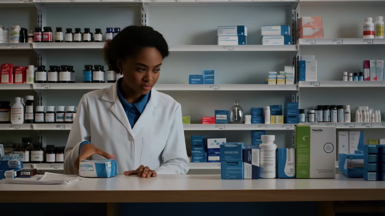 A pharmacist organizing medications on shelves in a drug store ...