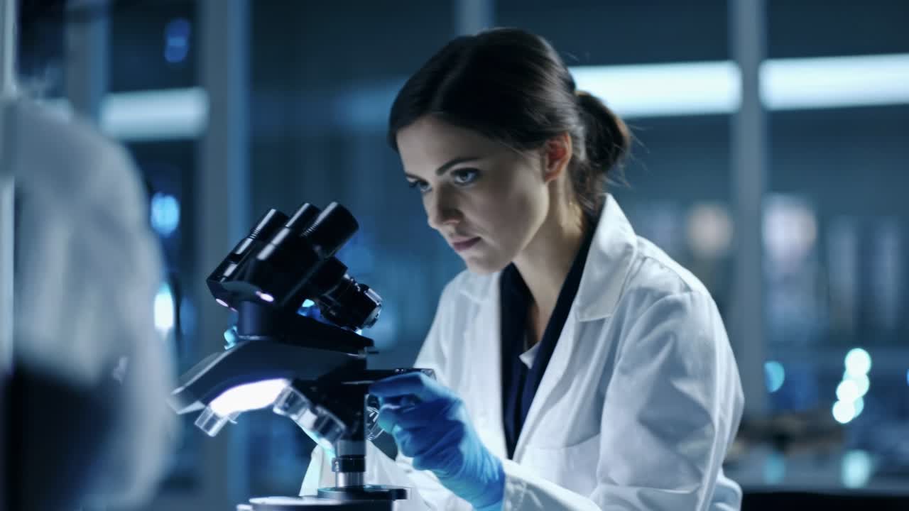 A scientist in a lab coat examines a sample under a microscope. Side ...