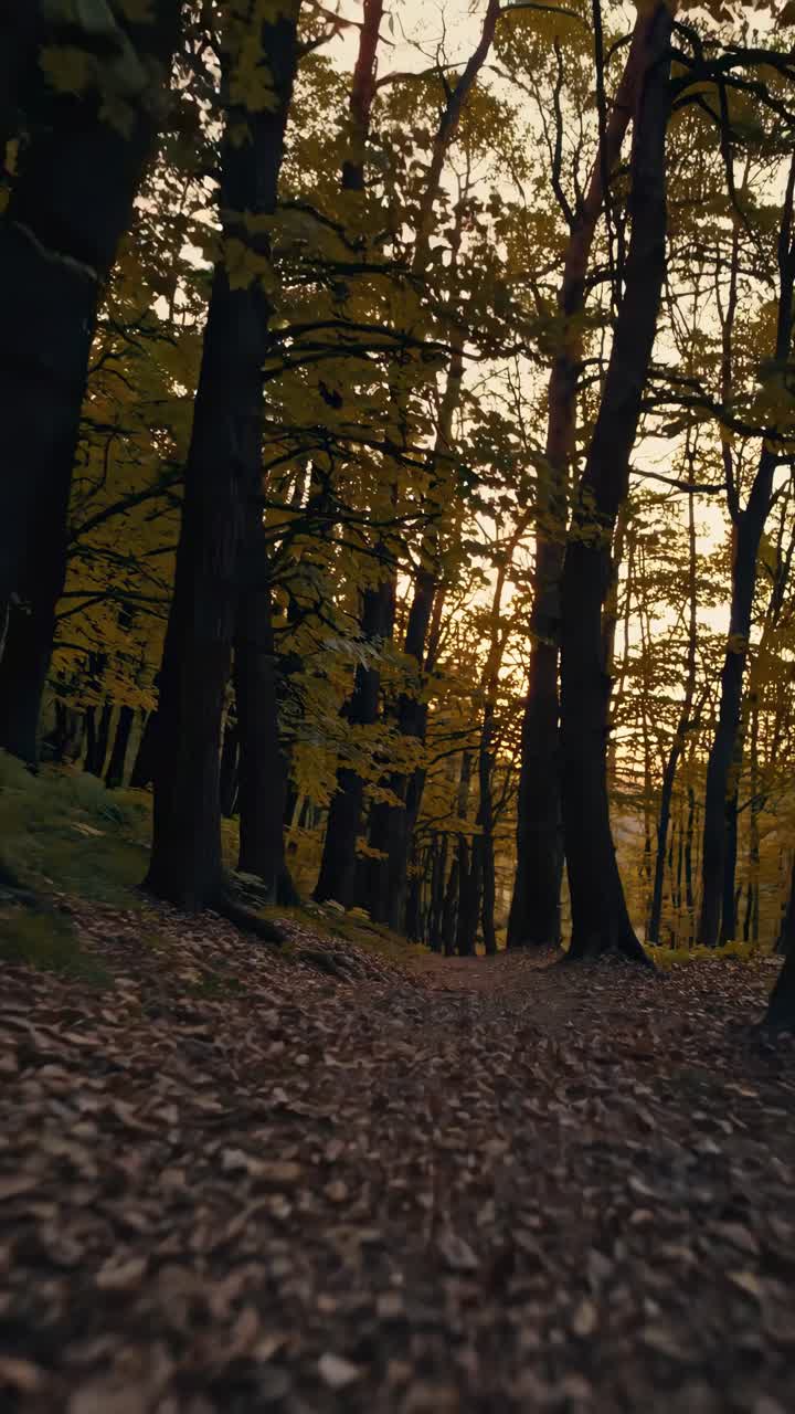 A serene forest path at sunset, captured in a low-angle video ...