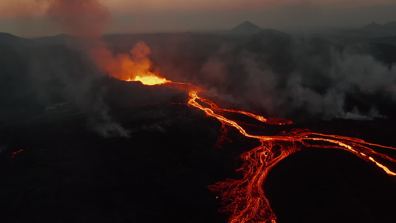 Slide And Pan Footage Of Lava Show At Active Volcano Eruption. Flowing ...