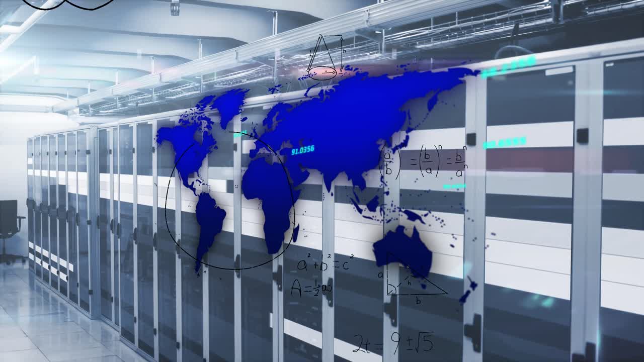 Animation of blue world map, processing data and maths calculations over computer server room ...