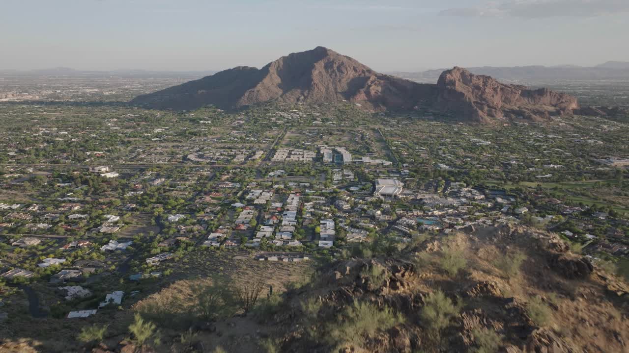 Drone capturing luxury town of paradise valley while flying over mummy ...