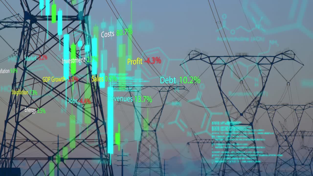 Premium stock video - Animation of data processing over pylons