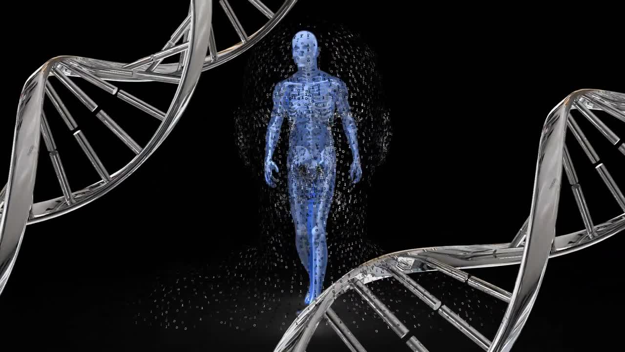 Premium stock video - Animation of dna strands over digital human