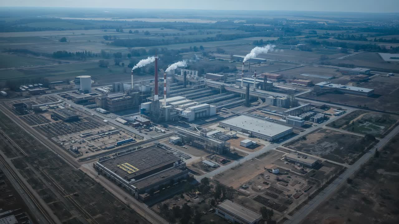 Angle de caméra drone révélant la mise en page d’un complexe industriel ...