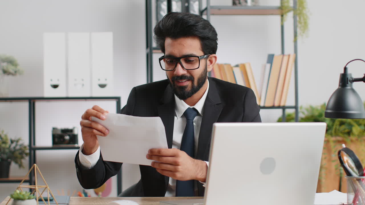 Business man guy open envelope letter reads it career growth advance ...